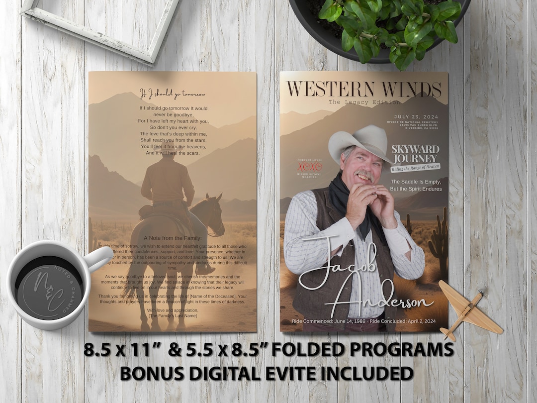 Magazine Style Cowboy Funeral Program Template 2 Memorial Announcement ...