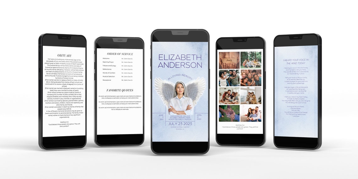 Angel Wings Blue Funeral Program Template Memorial Announcement ...