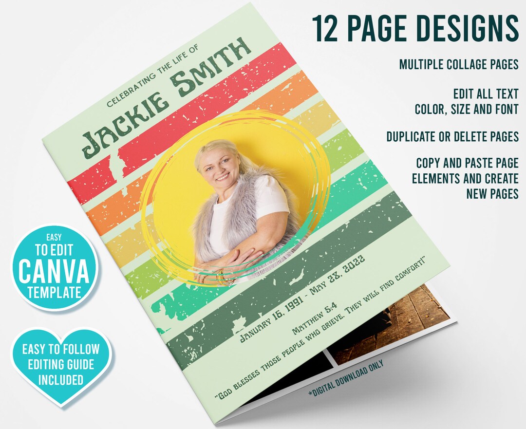 Funeral Program Template Colorful Retro Memorial Keepsake - Etsy