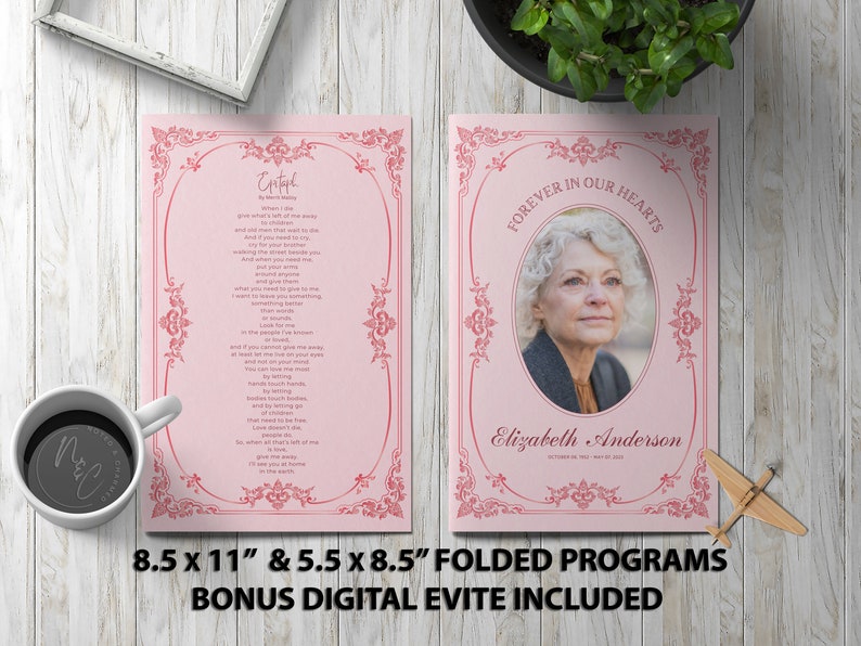 Vintage Pink Funeral Program Template Memorial Announcement, Obituary ...