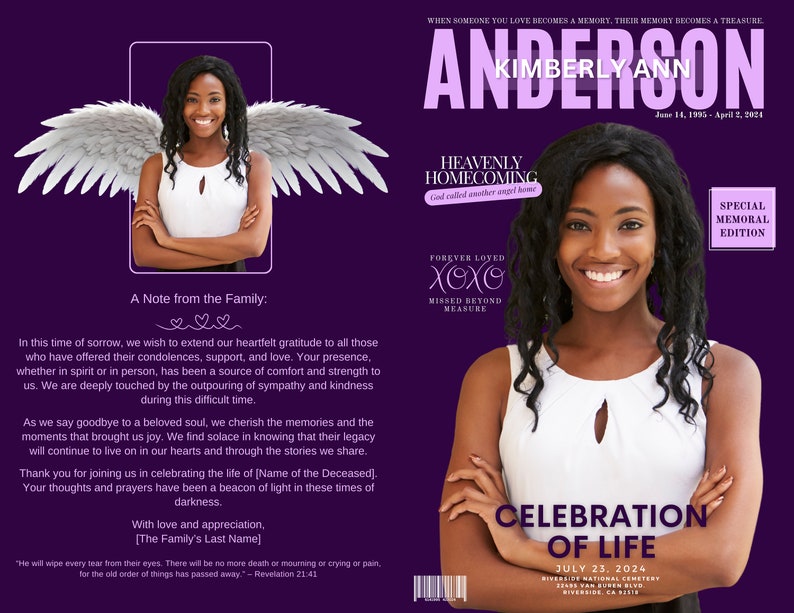 Purple Magazine Cover Funeral Program Template Memorial Announcement ...