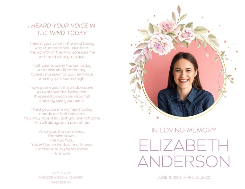 Pink Roses Funeral Program Template Memorial Announcement, Obituary ...