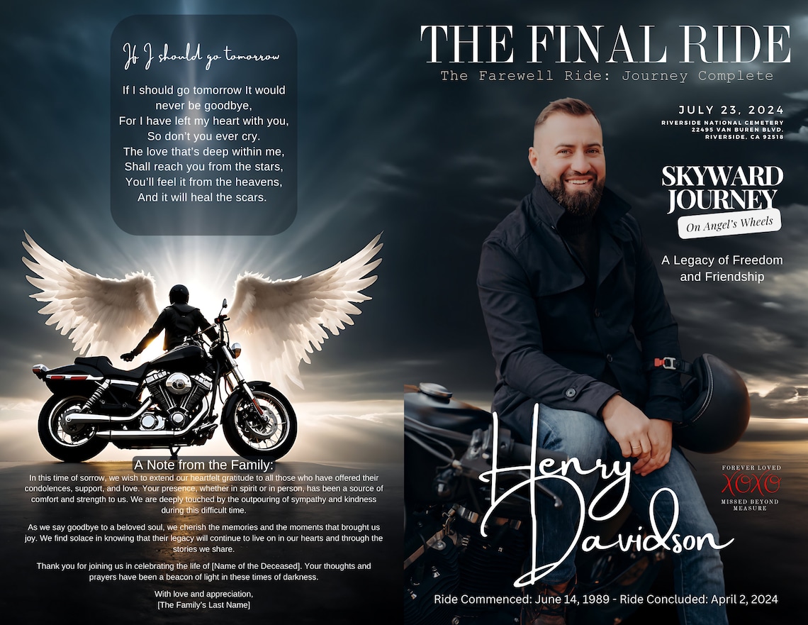 Magazine Motorcycle Angel Funeral Program Template 2 Memorial ...