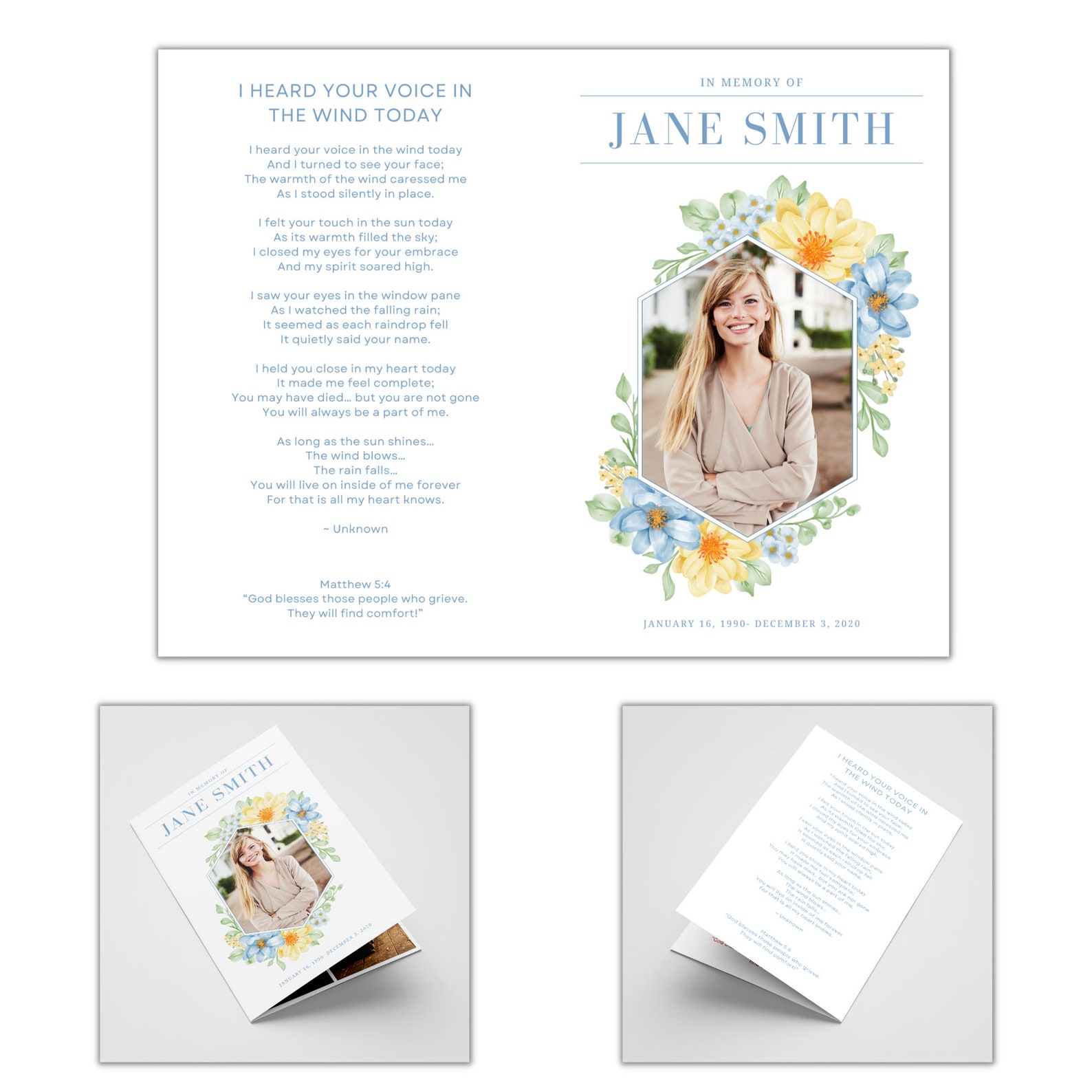 Blue and Yellow Flowers Funeral Program Template Celebration of Life ...