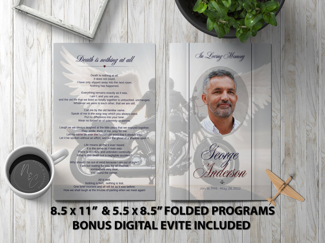 Motorcycle Angel Funeral Program Template Memorial Announcement ...