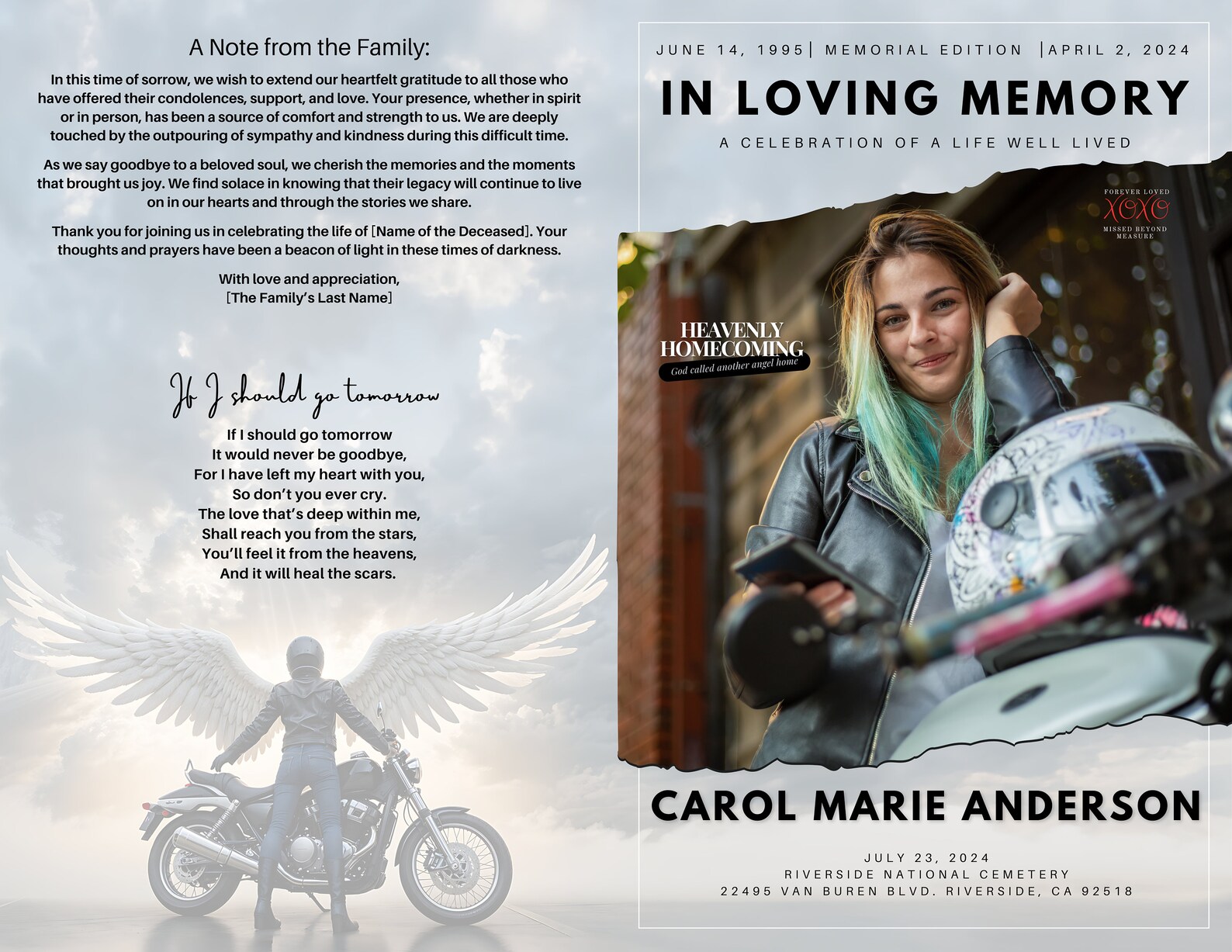 Female Motorcycle Angel Funeral Program Template Memorial Announcement ...