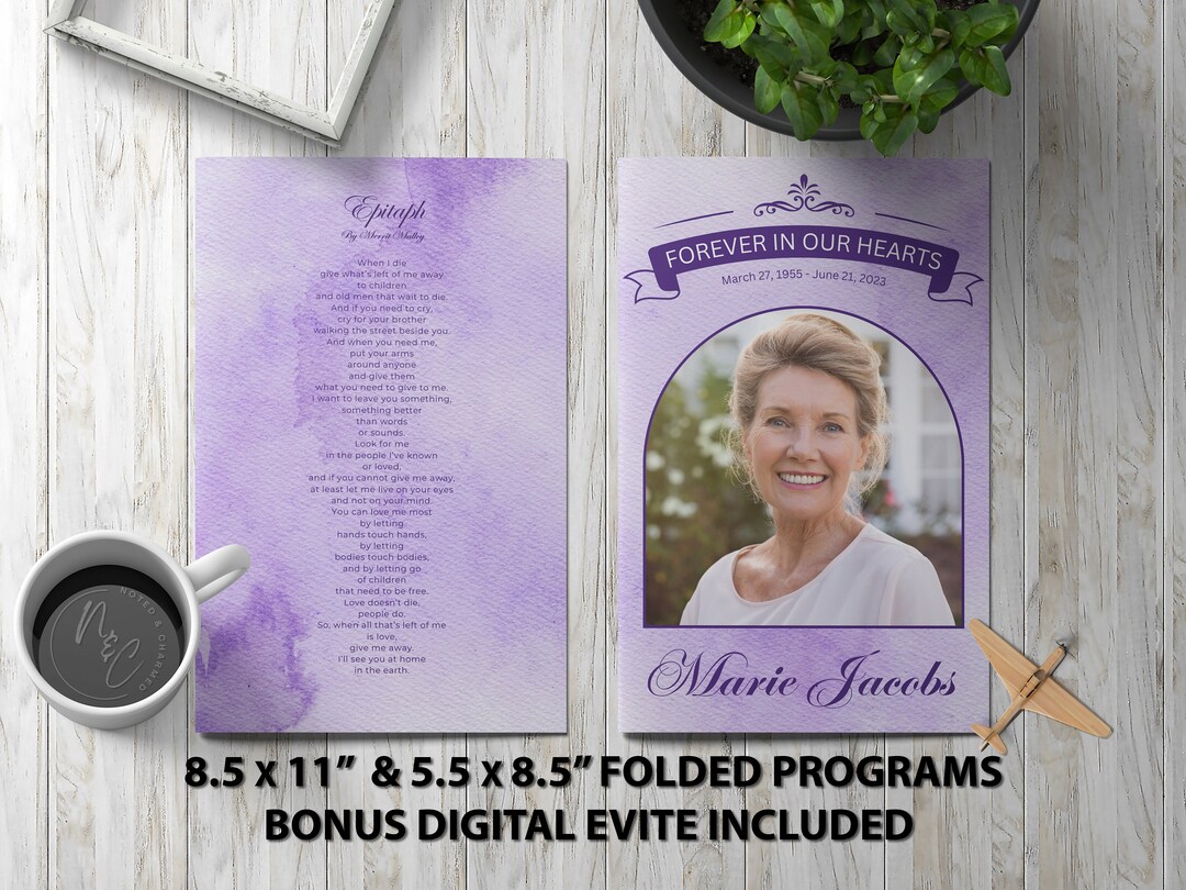 Minimalist Purple Funeral Program Template Memorial Announcement ...