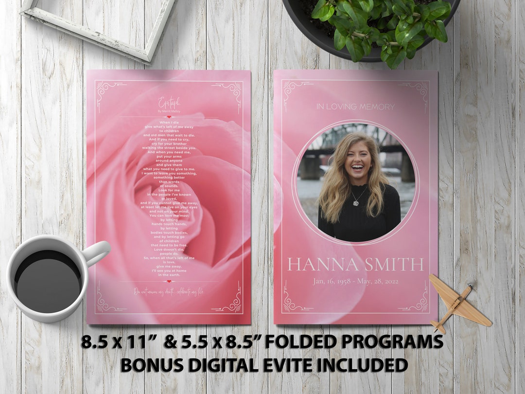 Pink Rose Funeral Program Template Memorial Announcement, Obituary ...