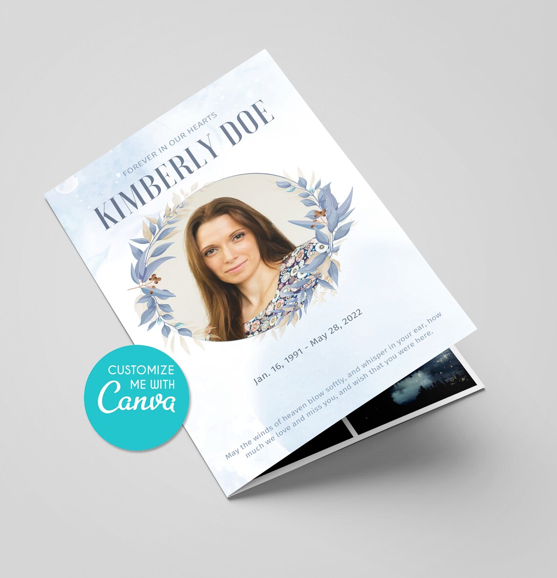 Funeral Program Template, Editable Blue Memorial Brochure, Obituary ...