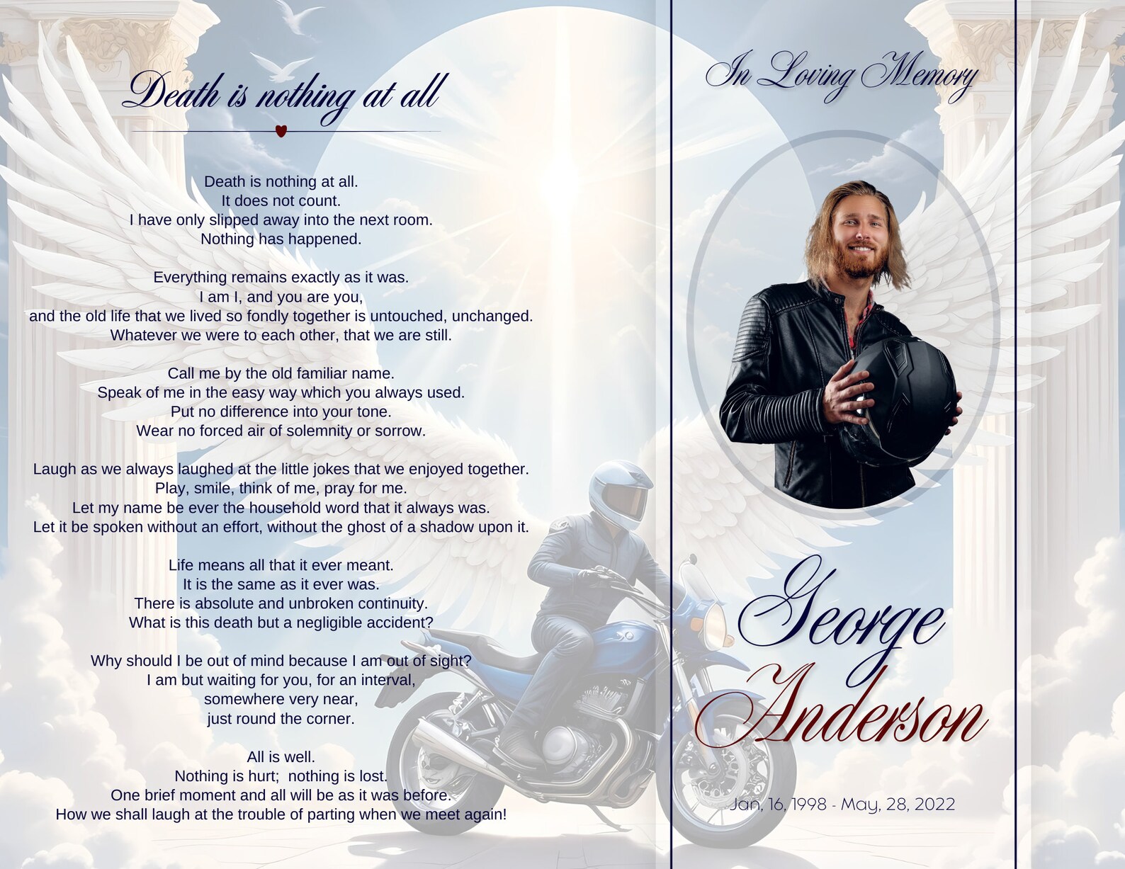 Motorcycle Angel Funeral Program Template 4 Memorial Announcement ...