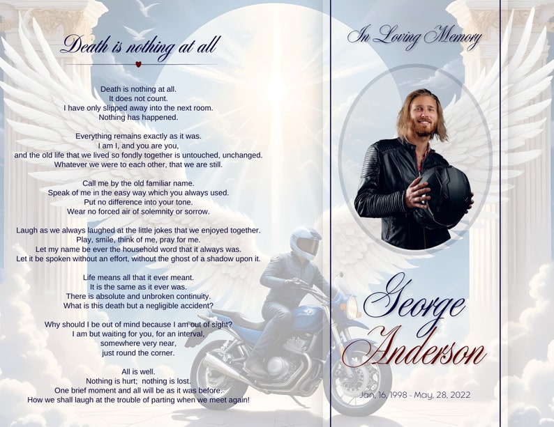 Motorcycle Angel Funeral Program Template 4 Memorial Announcement ...