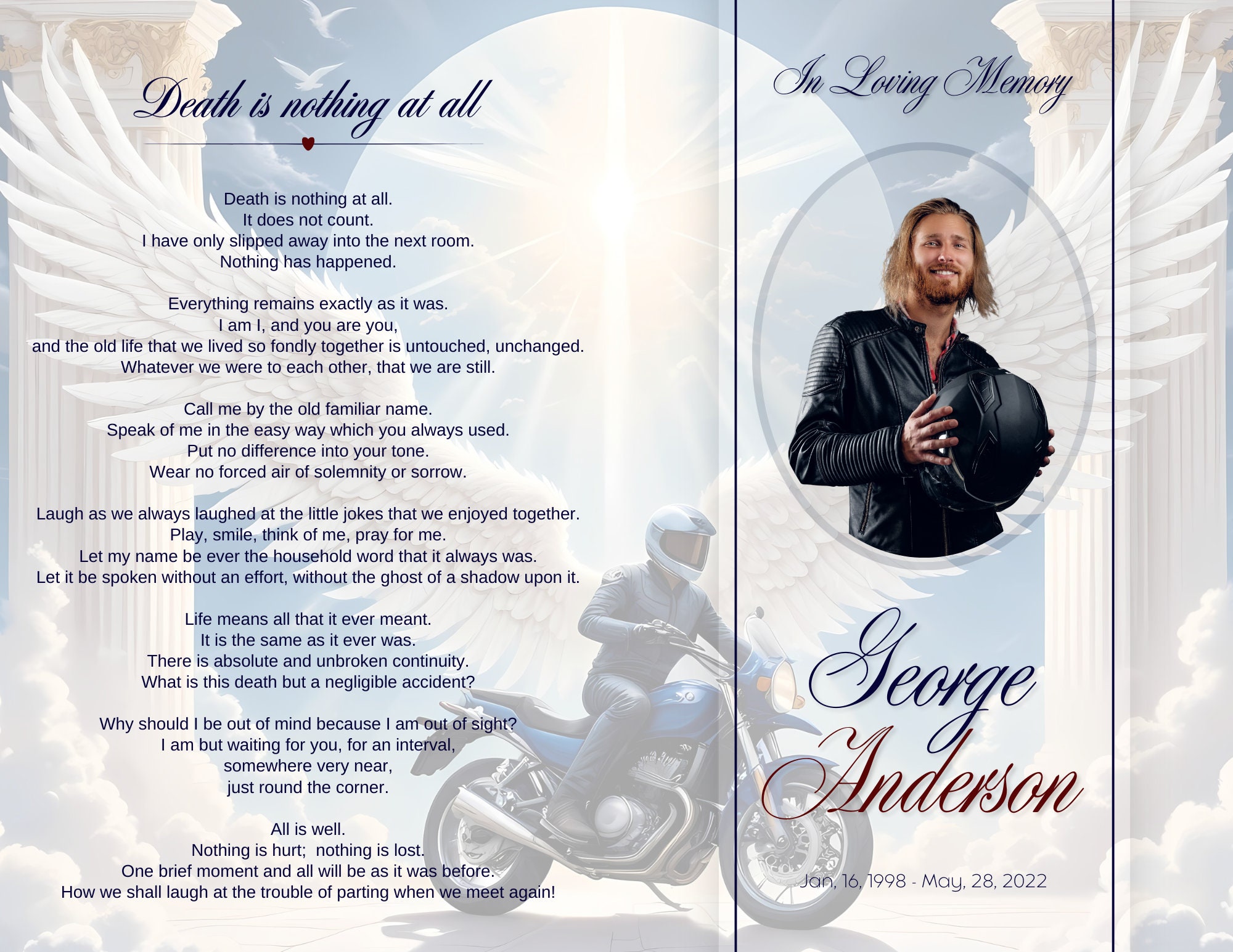 Motorcycle Angel Funeral Program Template 4 Memorial Announcement ...