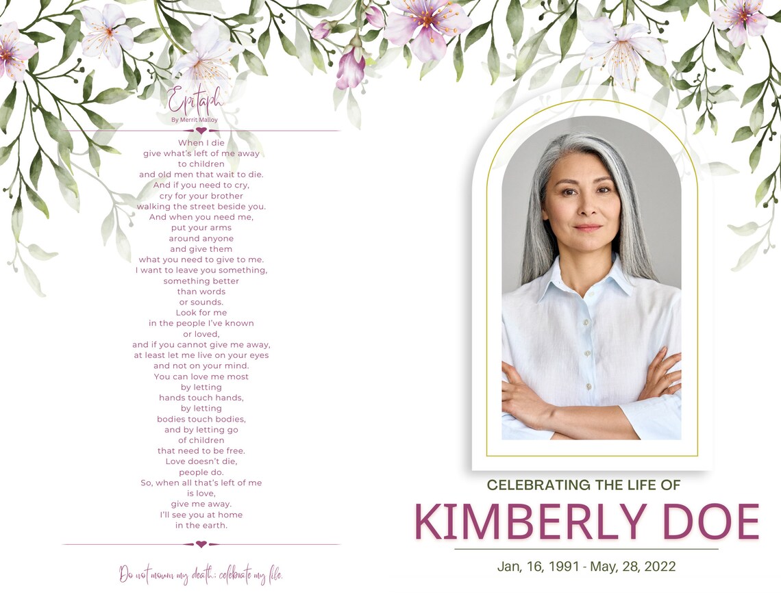 Purple Flowers Funeral Program Template | Memorial Announcement ...