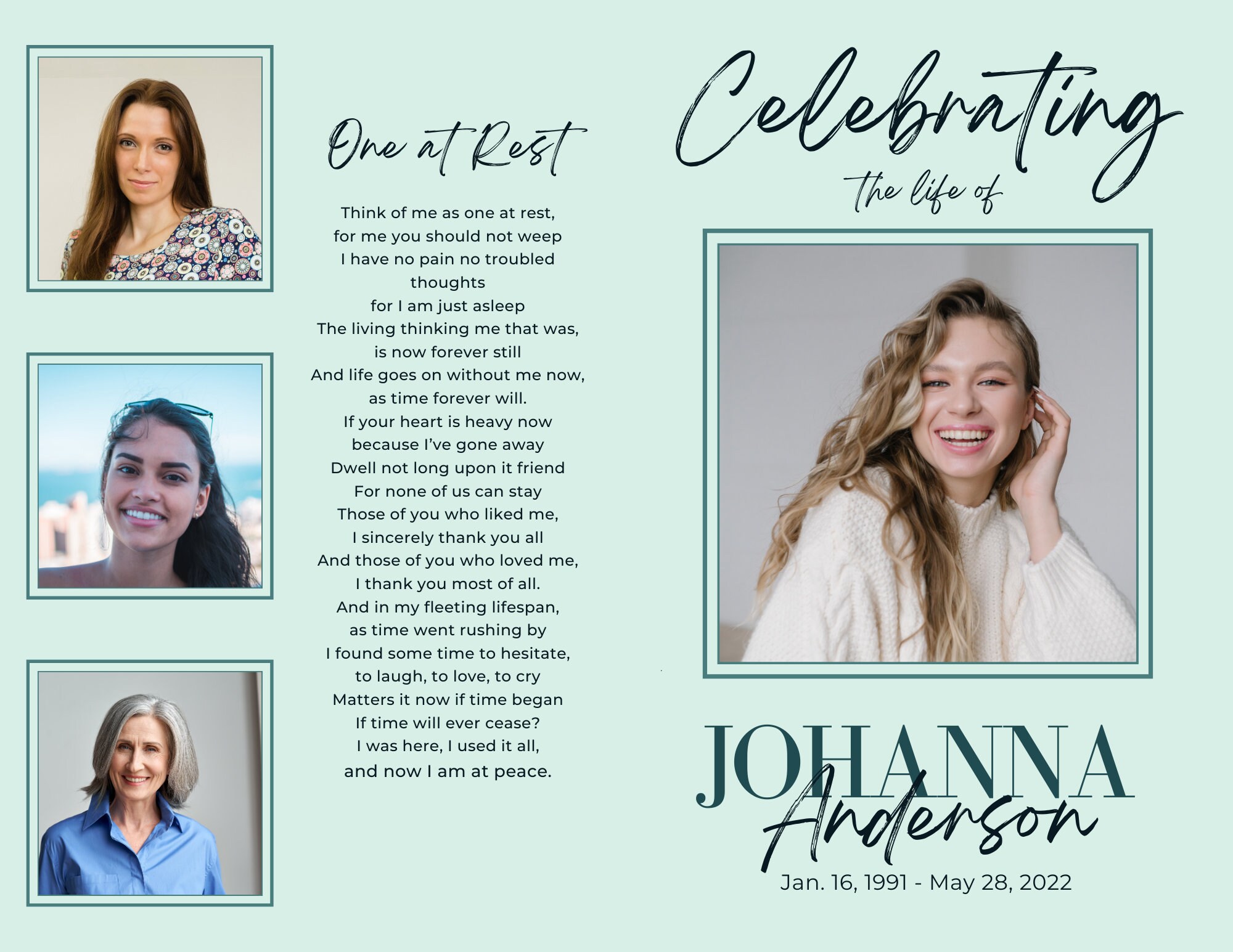 Minimalist Green Memorial Funeral Program Template - Etsy