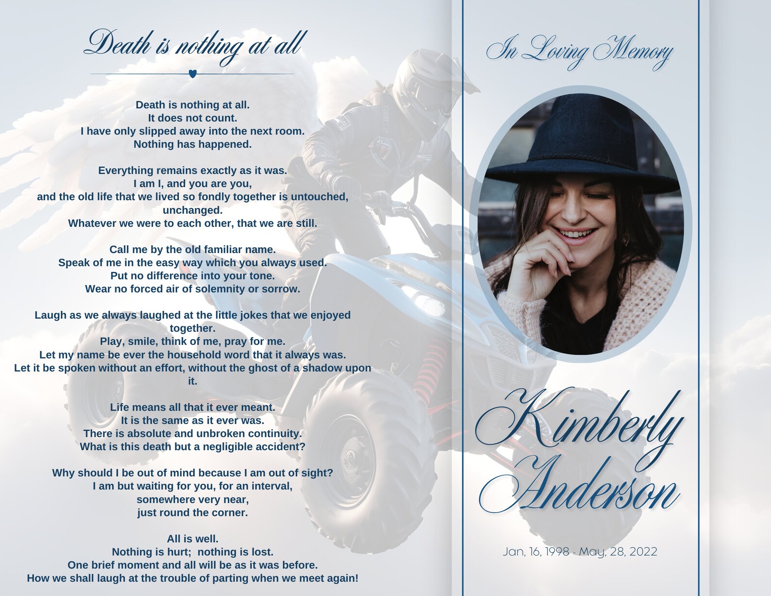 Quad Runner Angel Funeral Program Template Memorial Announcement ...