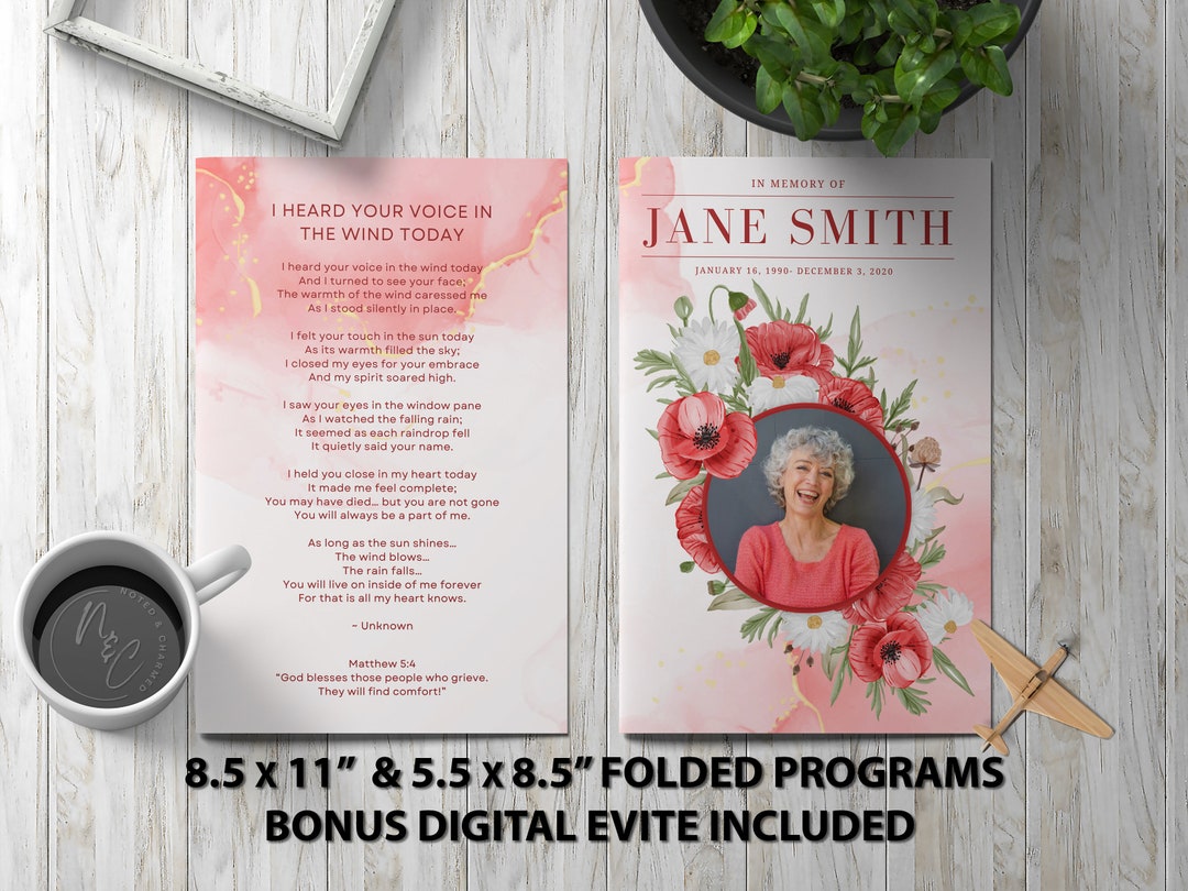 Poppy Funeral Program Template Memorial Announcement, Obituary Flyer ...