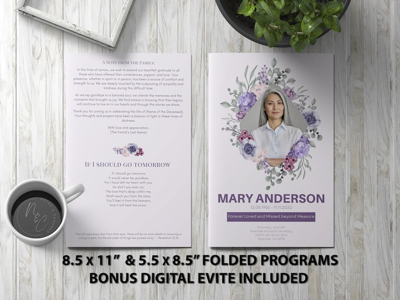 Lavender Roses Funeral Program Template Memorial Announcement, Obituary ...