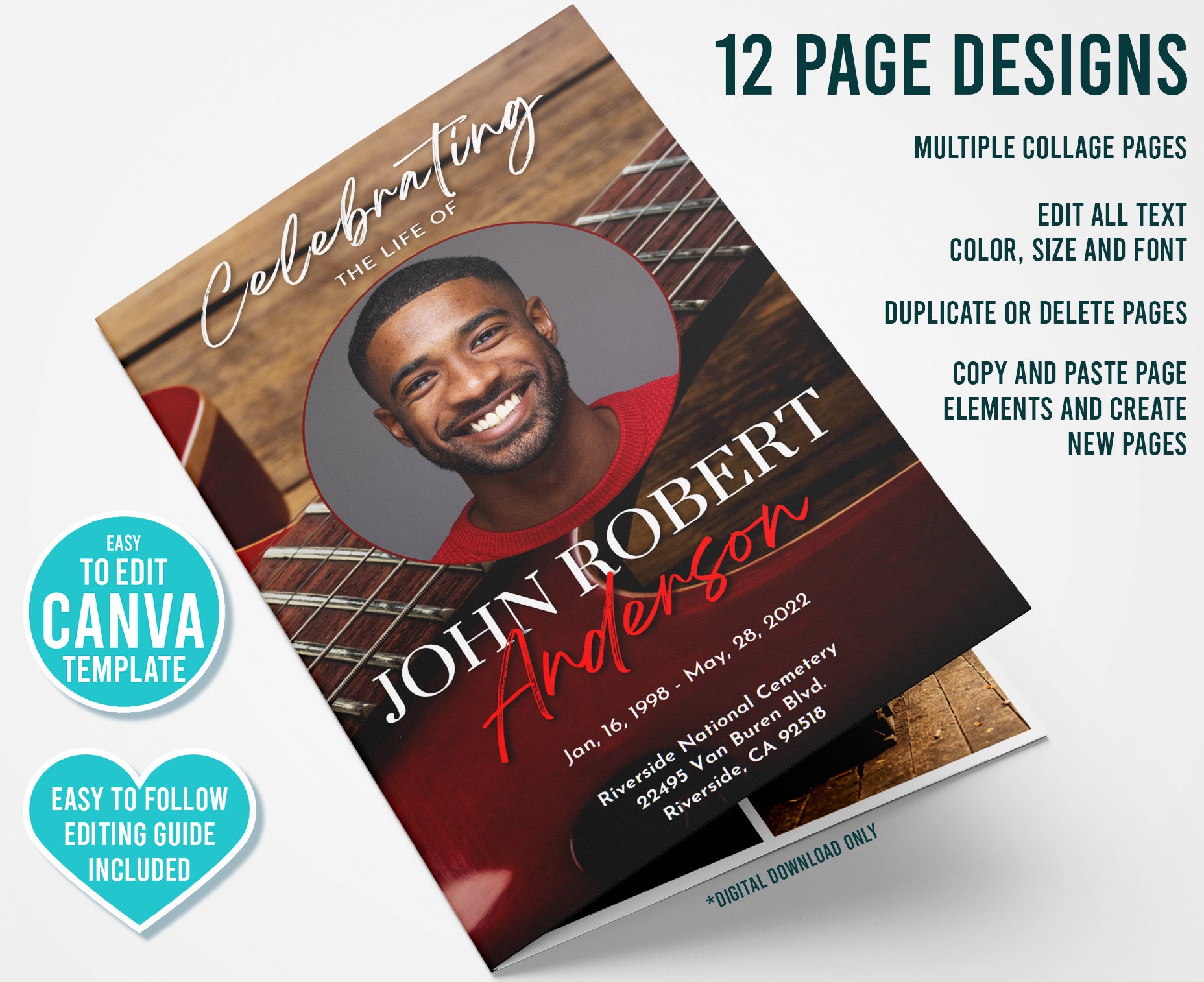 Memorial Funeral Program, Electric Guitar - Editable Canva template ...