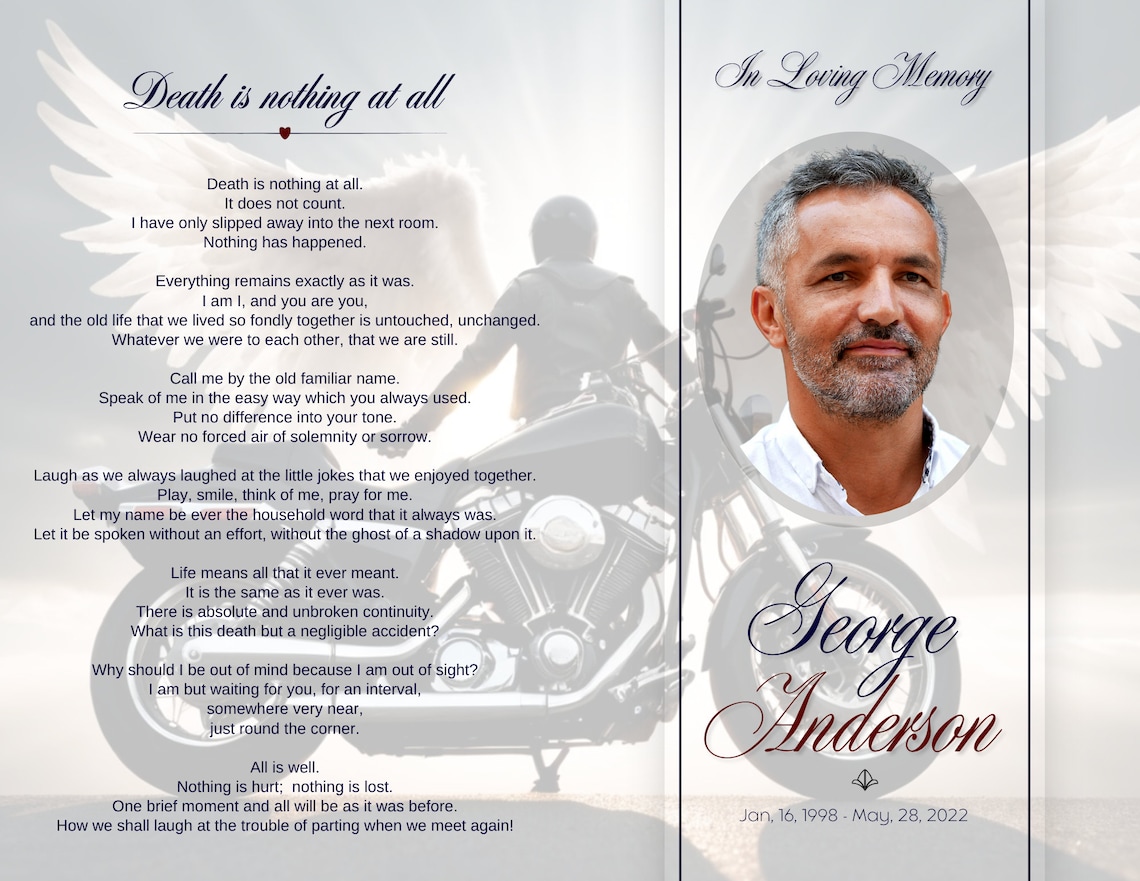 Motorcycle Angel Funeral Program Template Memorial Announcement ...
