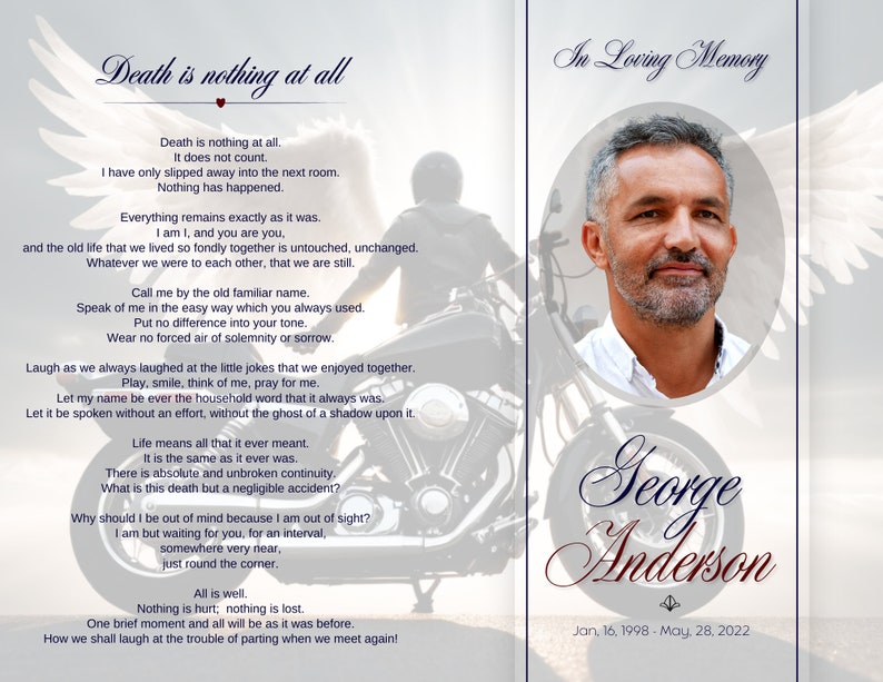 Motorcycle Angel Funeral Program Template Memorial Announcement ...