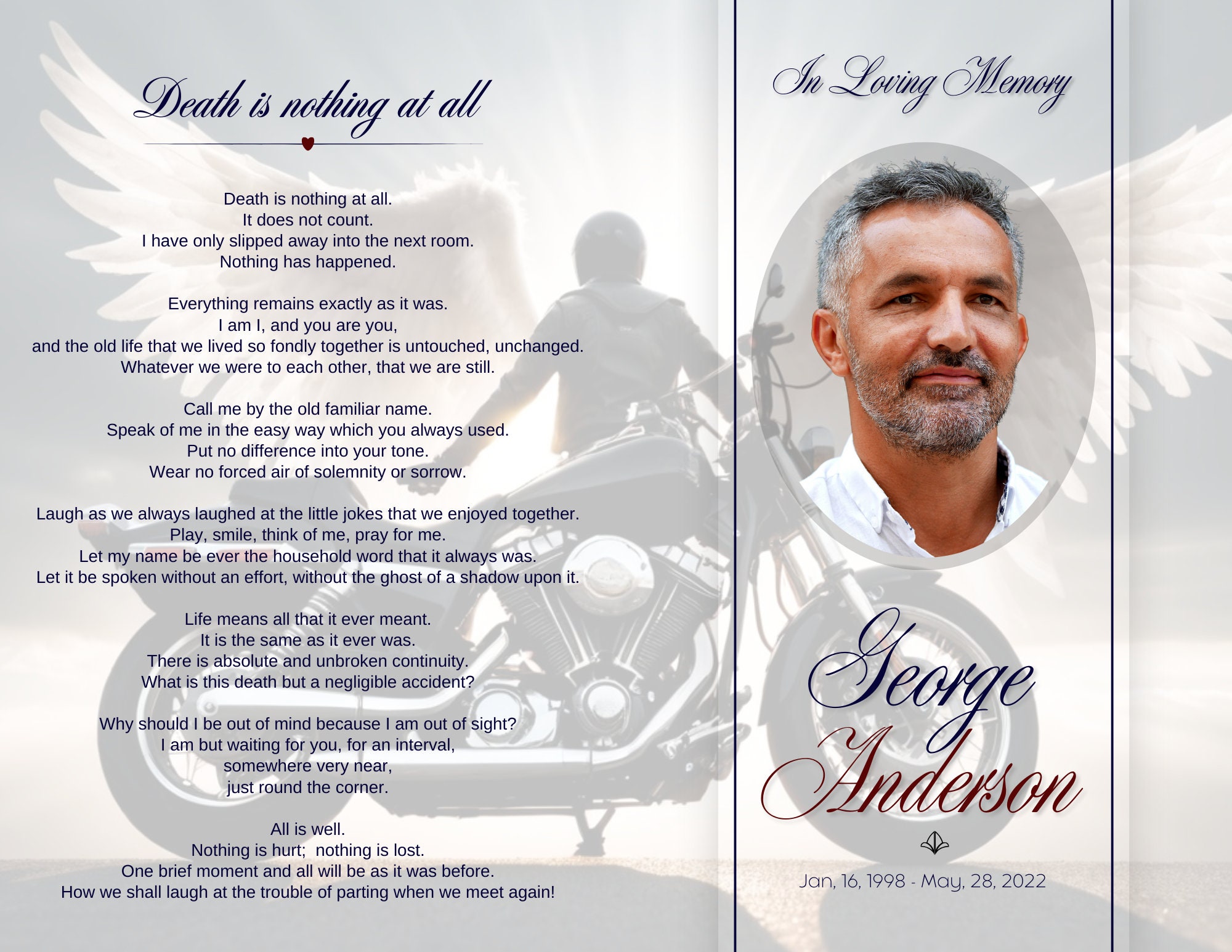 Motorcycle Angel Funeral Program Template Memorial Announcement ...