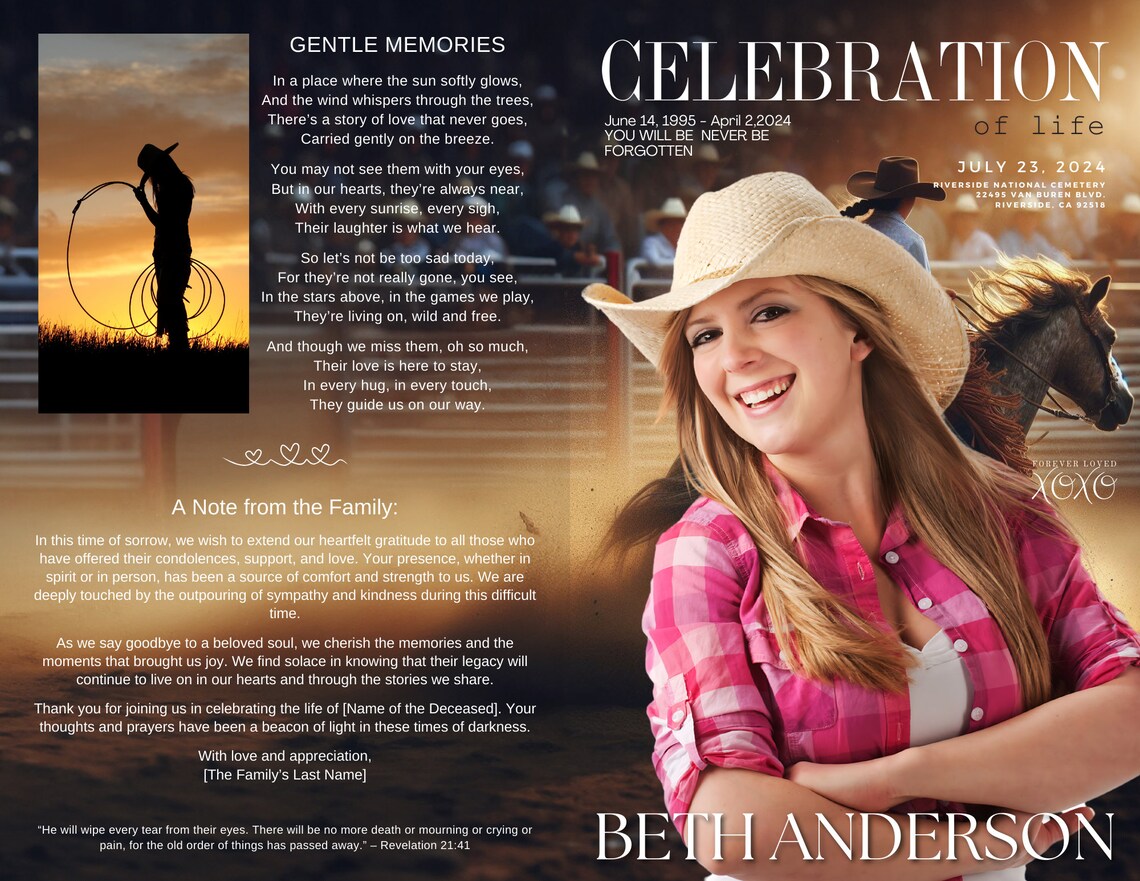 Magazine Style Rodeo Funeral Program Template Memorial Announcement ...