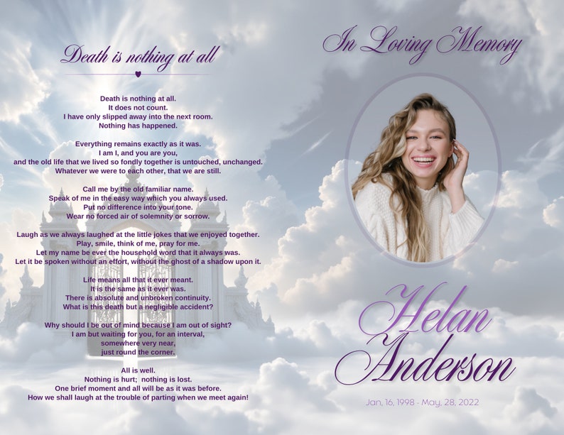 Funeral Program Template for Memorial Announcement, Obituary Flyer, and ...