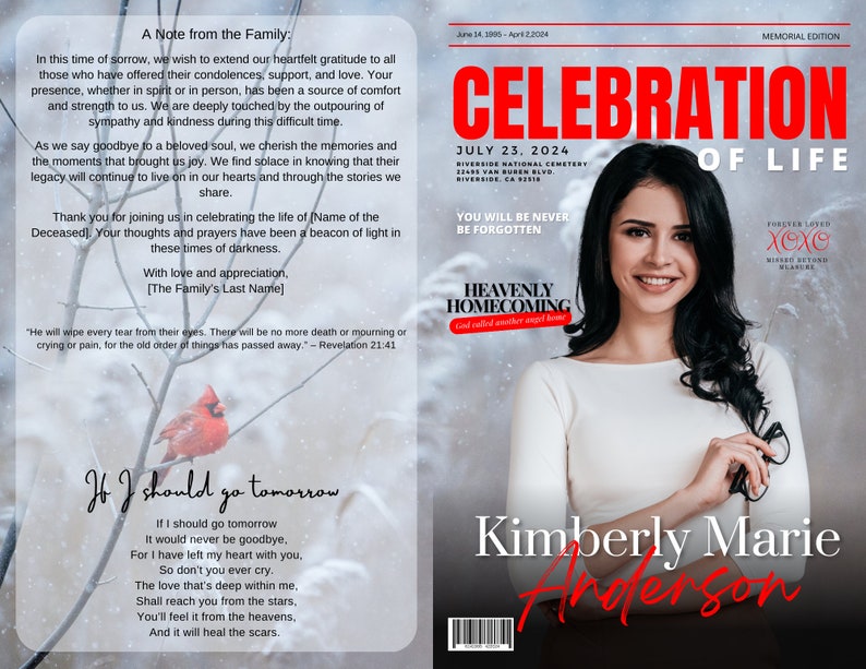 Red Cardinal Funeral Program Template | Editable Memorial Keepsake for ...