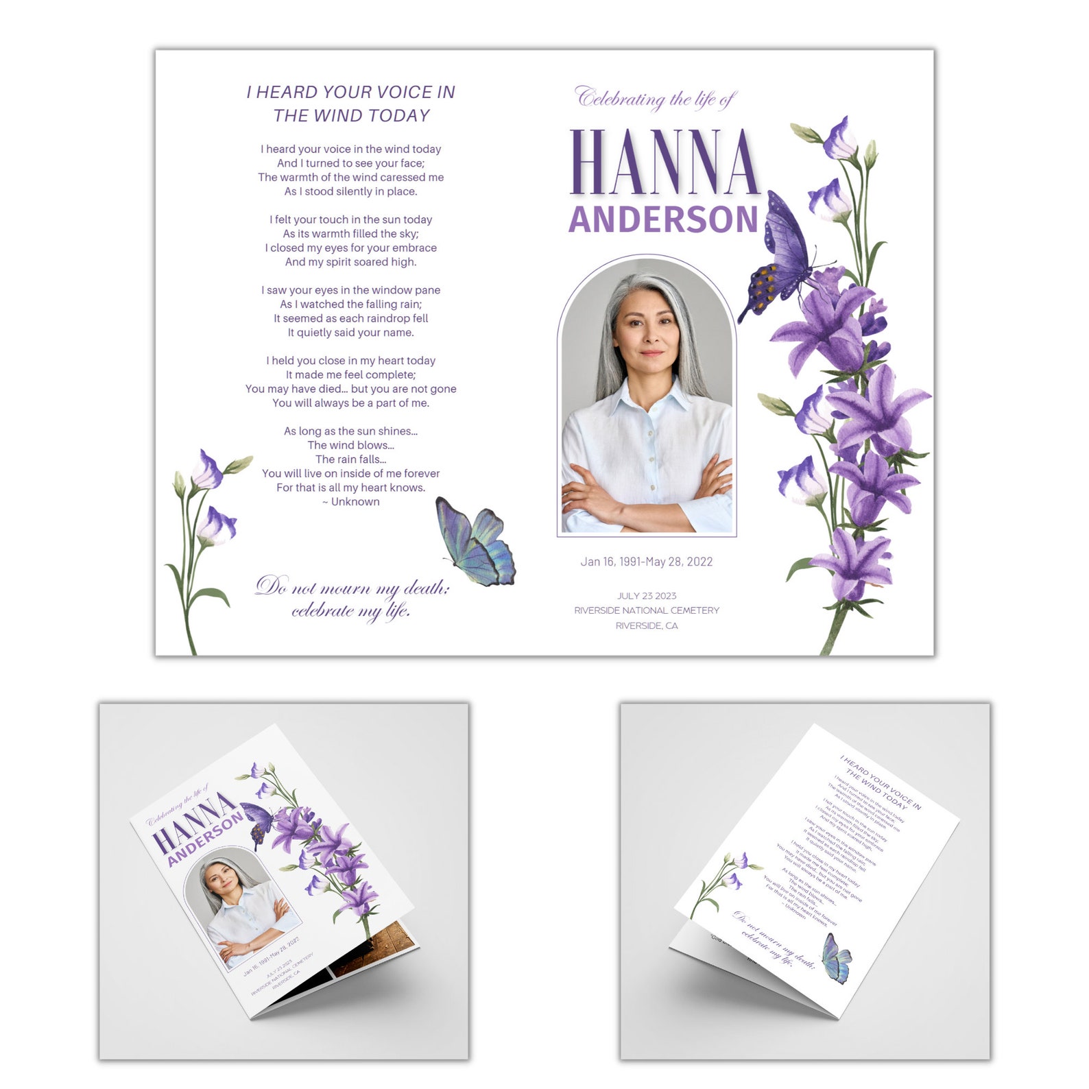 Purple Flowers Funeral Program Template Memorial Announcement, Obituary ...