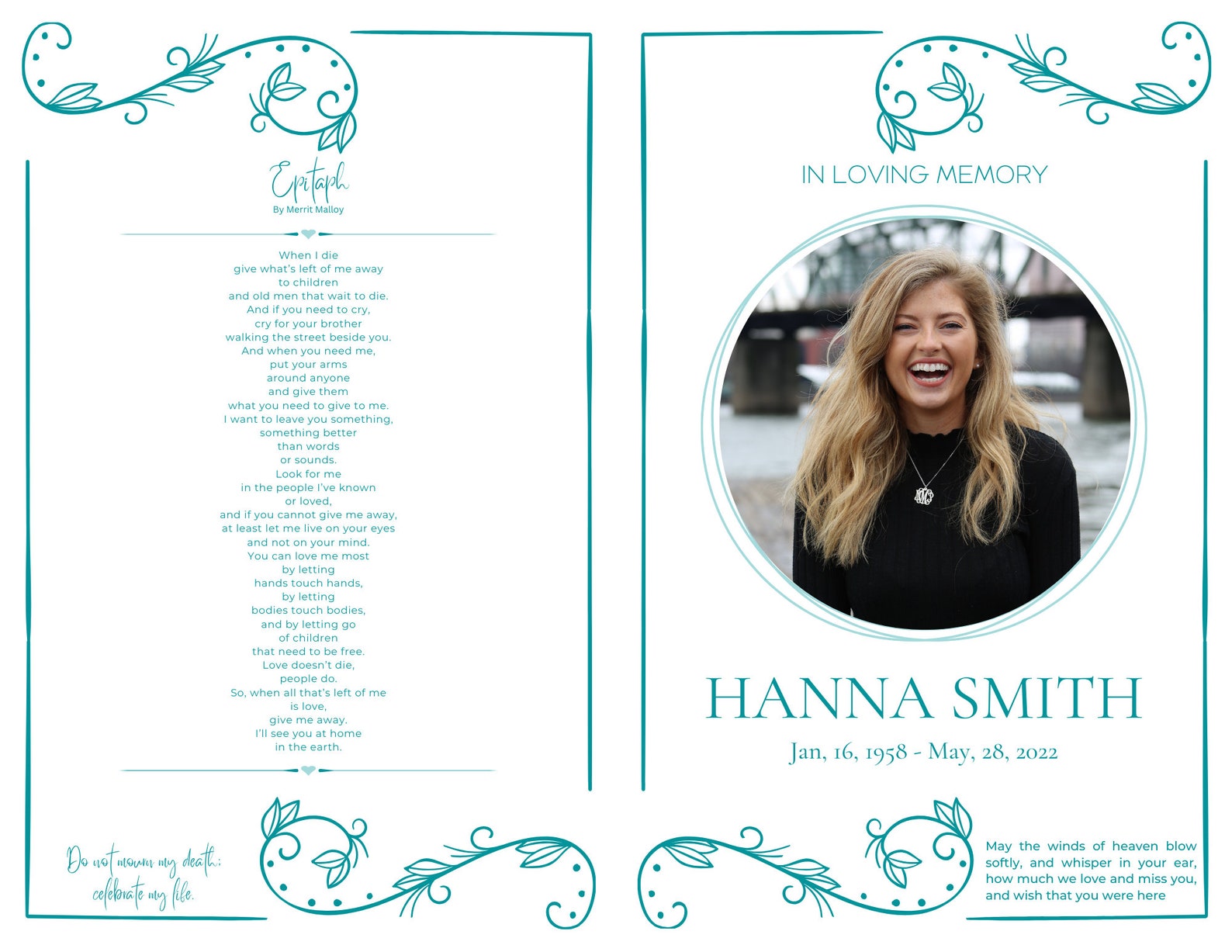 Fully Editable Color Scheme Funeral Program Template | Memorial ...