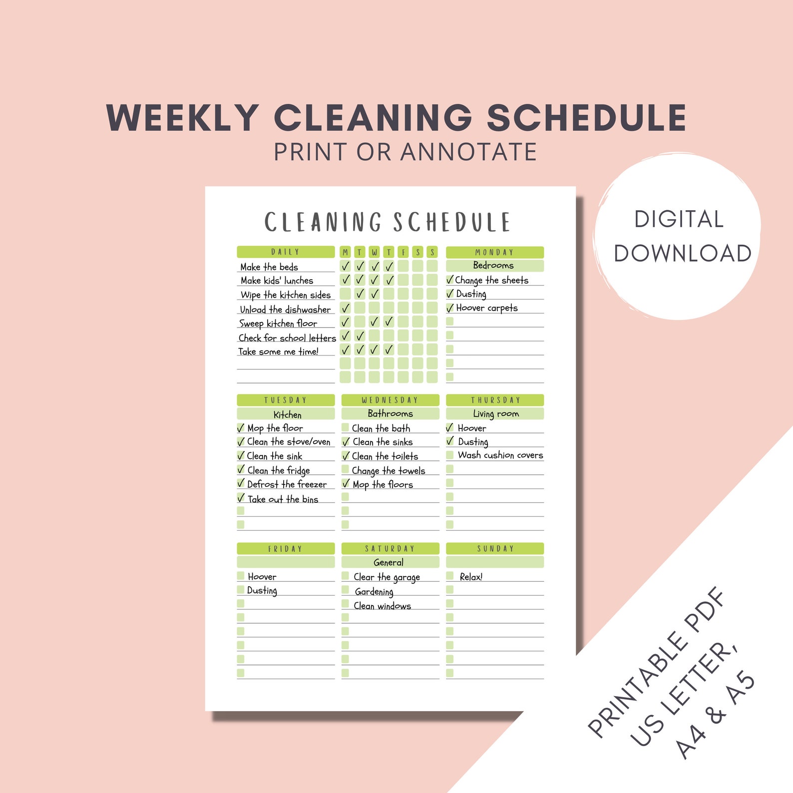 Printable Weekly Cleaning Schedule | Housework Checklist | Daily Weekly ...
