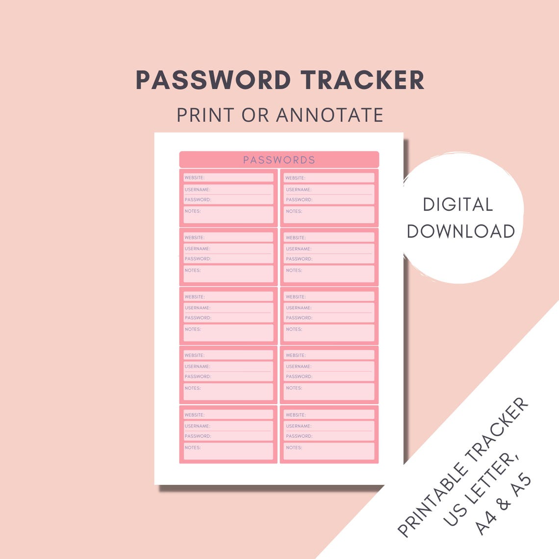 Password Tracker | Printable Tracker | Pink | Password Log | Username ...