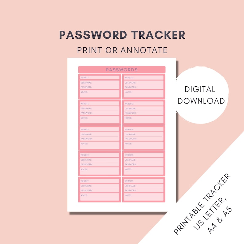 Password Tracker | Printable Tracker | Pink | Password Log | Username ...