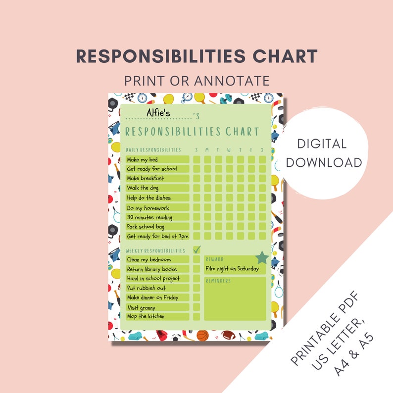 Kids Responsibility Chart Printable Chore Chart Sport - Etsy