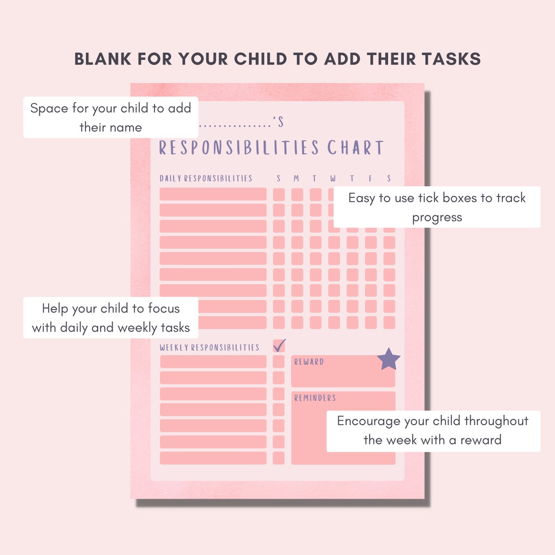 Kids Responsibility Chart | Printable Chore Chart | Pink | Daily Weekly ...