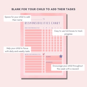 Kids Responsibility Chart Printable Chore Chart Pink Daily Weekly ...