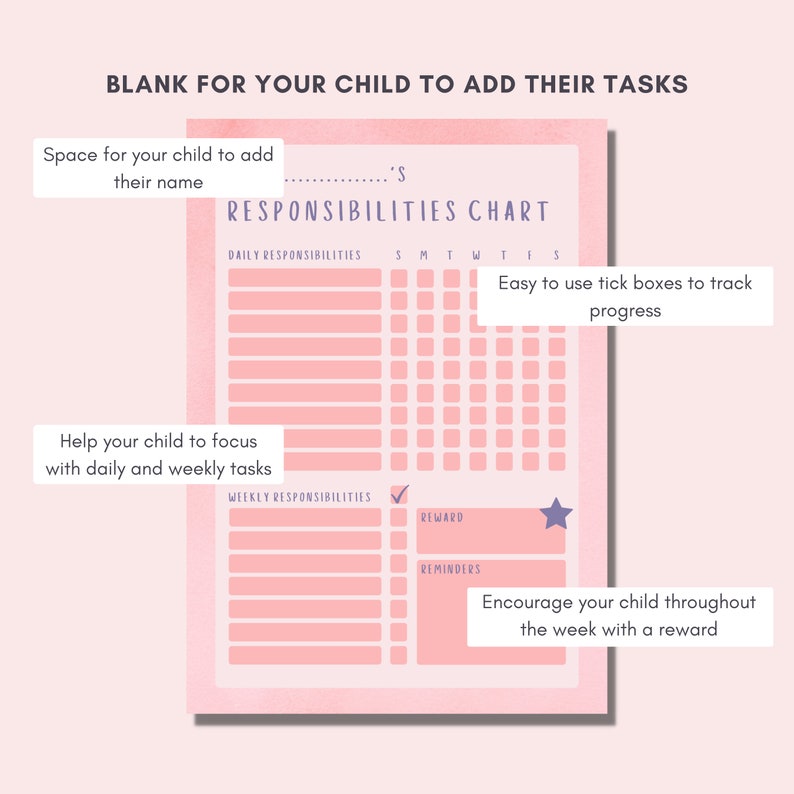 Kids Responsibility Chart Printable Chore Chart Pink - Etsy