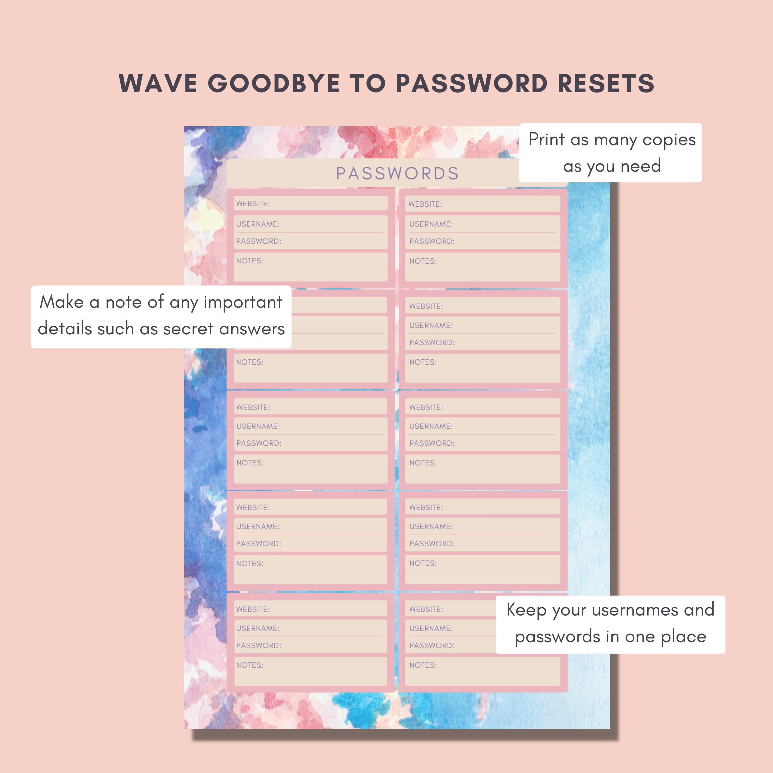 Password Tracker | Printable Tracker | Pink and Blue Watercolour ...