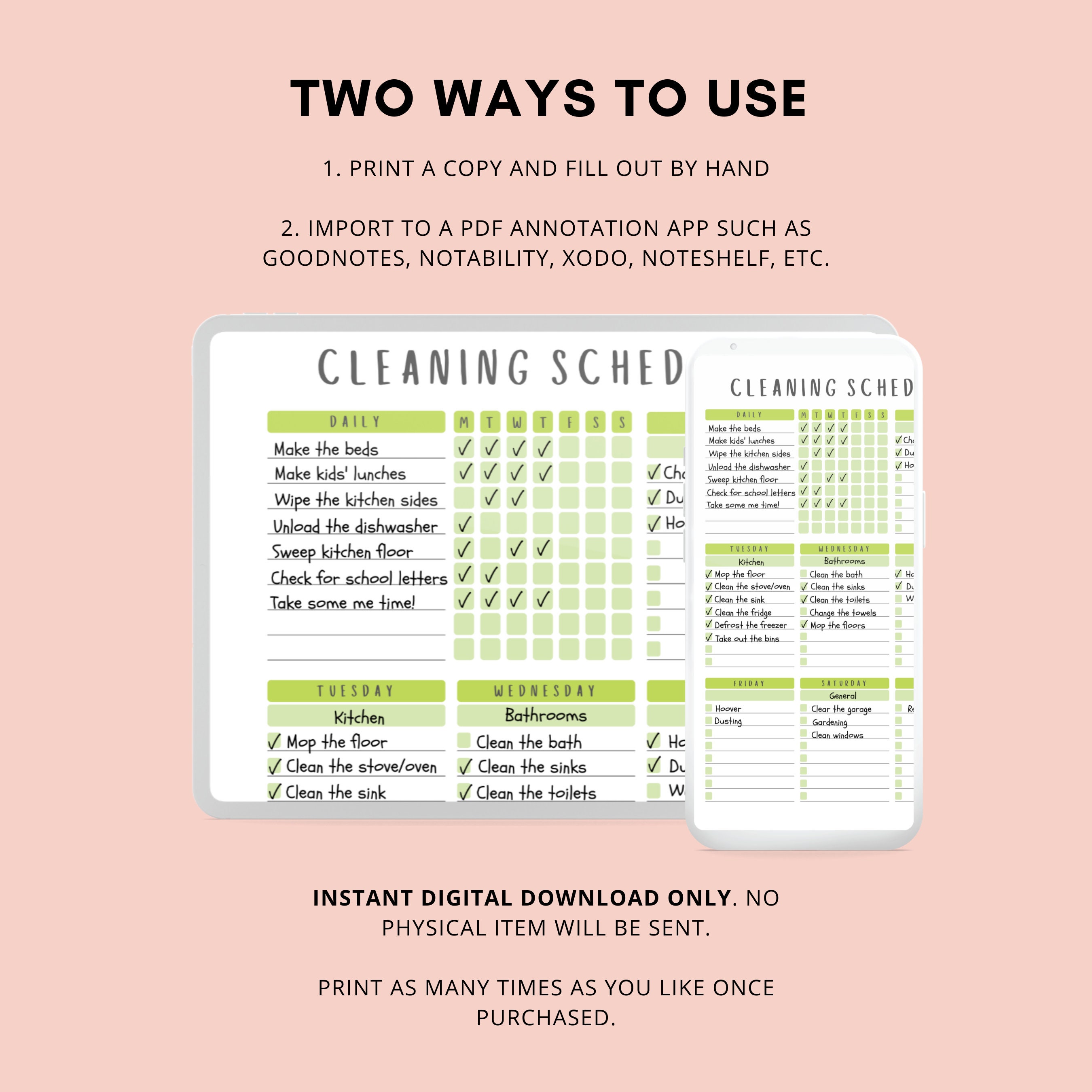 Printable Weekly Cleaning Schedule | Housework Checklist | Daily Weekly ...