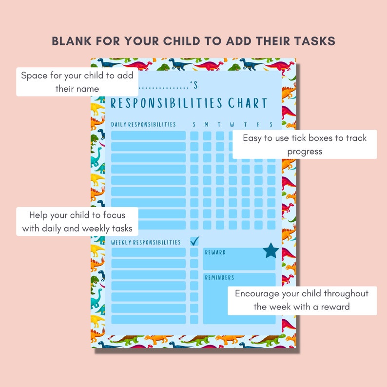 Kids Responsibility Chart | Printable Chore Chart | Dinosaur | Daily ...