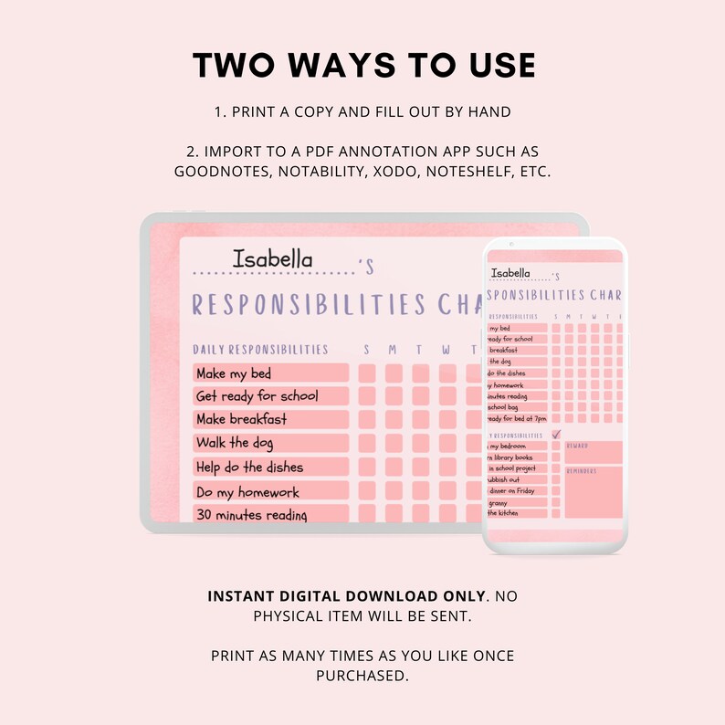 Kids Responsibility Chart | Printable Chore Chart | Pink | Daily Weekly ...