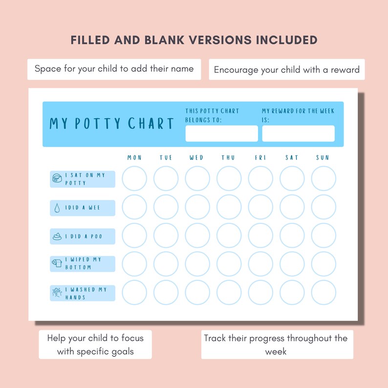 Printable Potty Training Chart | Kids Potty Chart | Blue | Reward Chart ...