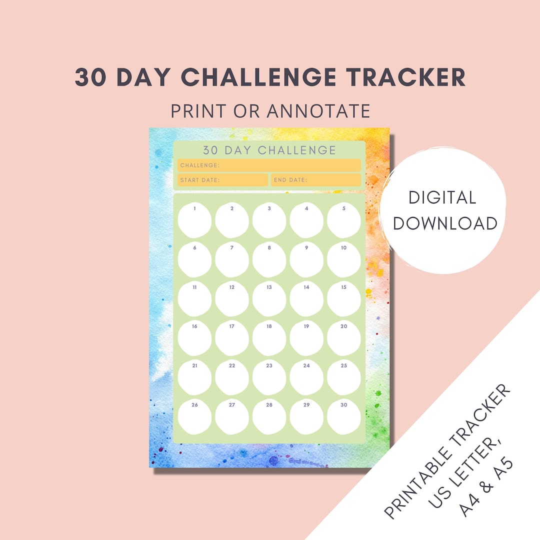 30 Day Challenge Tracker | Printable Daily Tracker | Watercolour | 30 ...