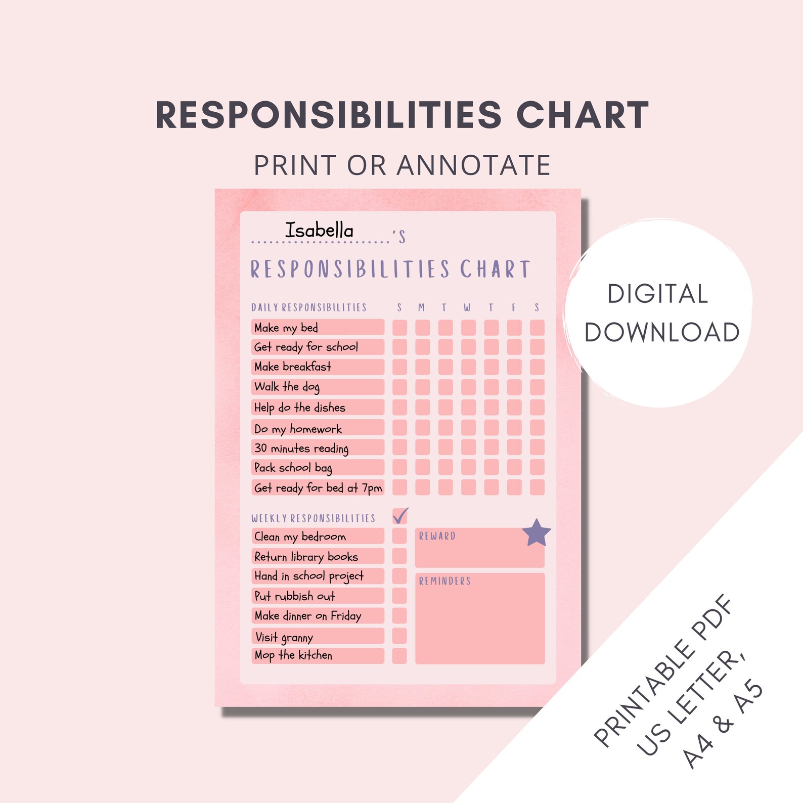 Kids Responsibility Chart | Printable Chore Chart | Pink | Daily Weekly ...