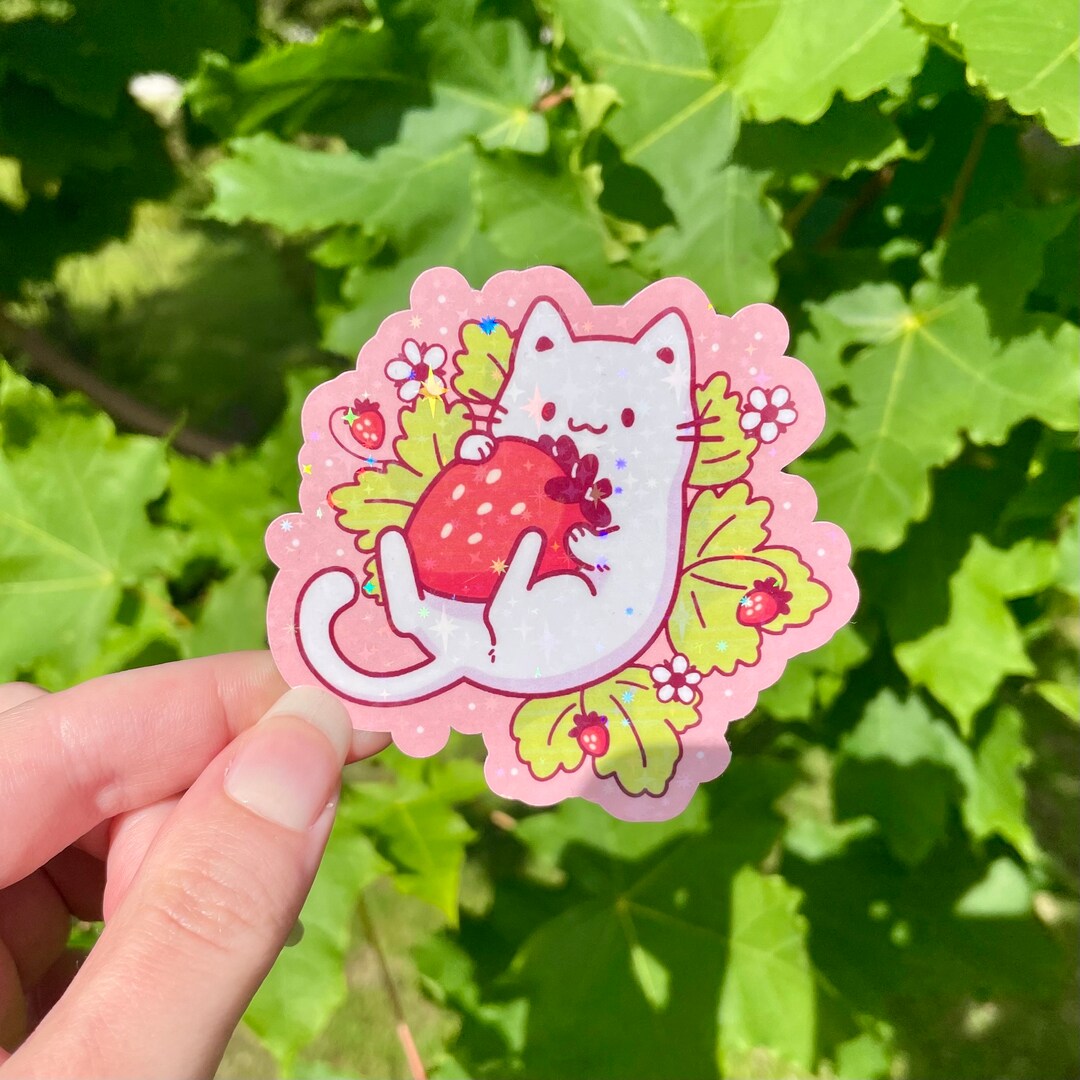 Strawberry Cat Glossy Vinyl Sticker - Etsy