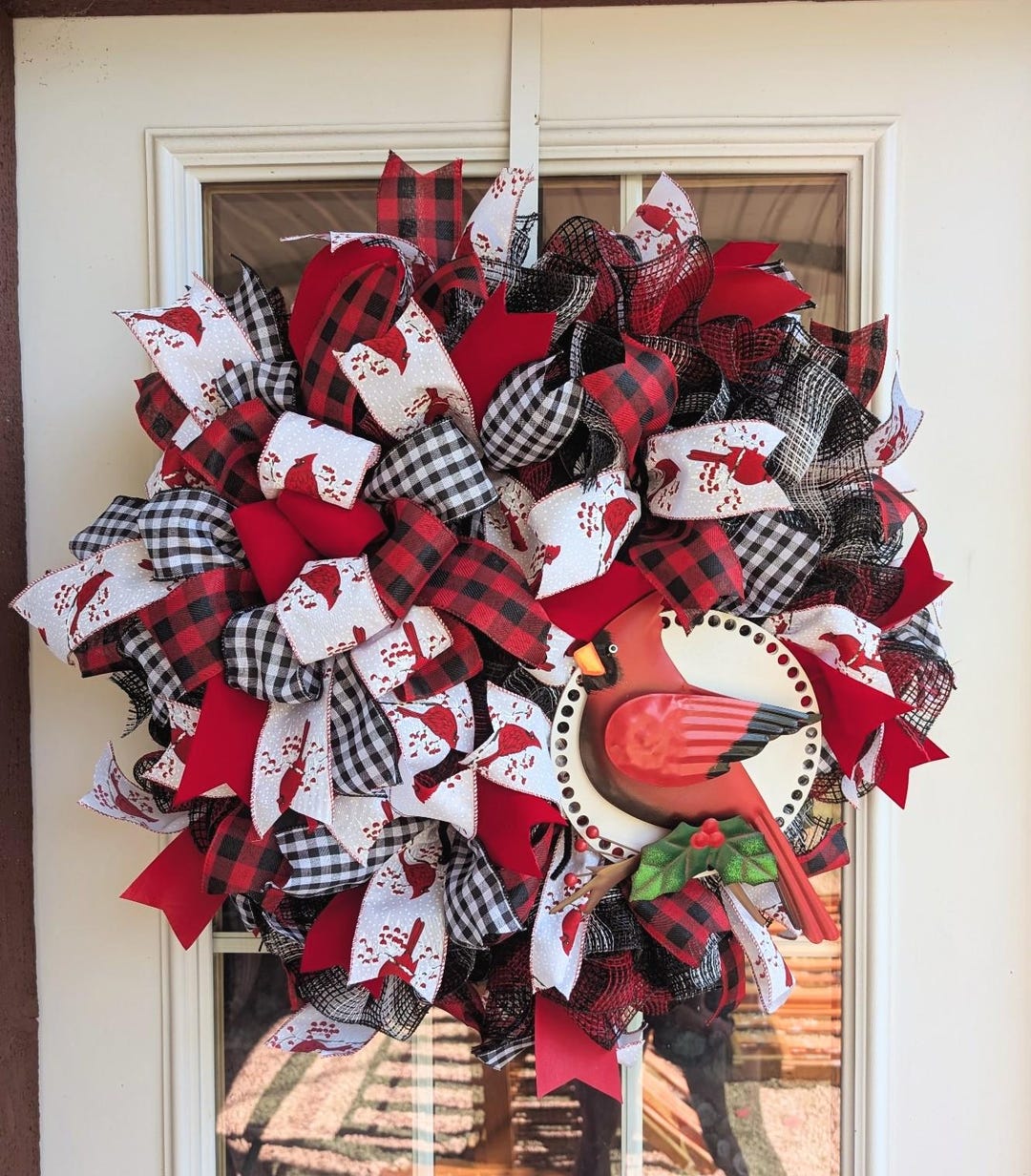 Red Cardinal Wreath, Buffalo Plaid Winter Door Decor - Etsy