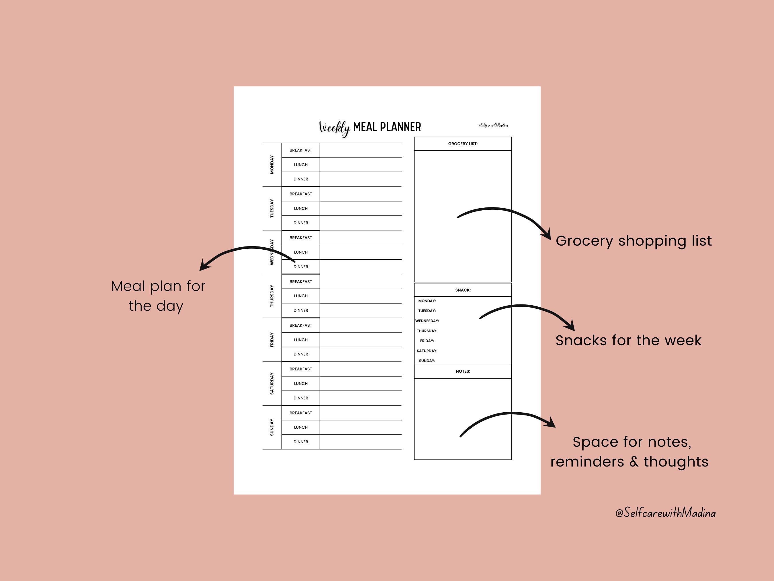 Weekly Meal Planner - Meal Plan| Insert | Grocery List | Printable ...