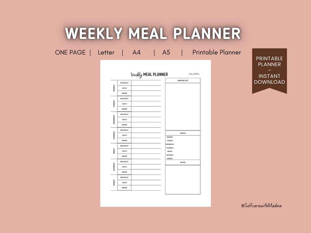 Weekly Meal Planner - Meal Plan| Insert | Grocery List | Printable ...