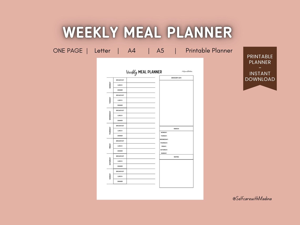 Weekly Meal Planner - Meal Plan| Insert | Grocery List | Printable ...