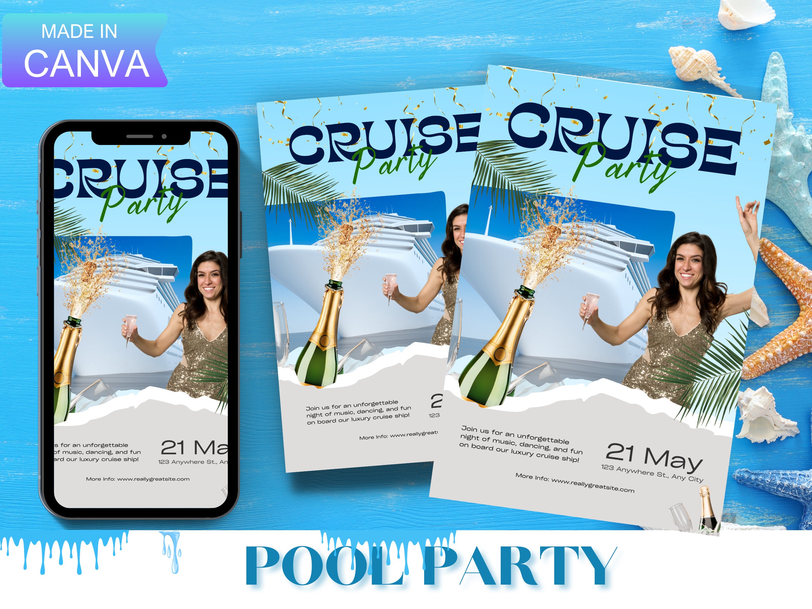 Editable Modern Cruise Party Flyer, Invitation, Summer Color Pool Party ...